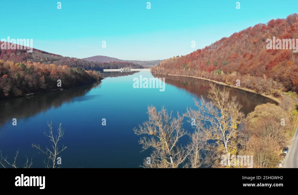 birds-eye view of a dam on lake Solina in Bieszczady, Poland Stock ...
