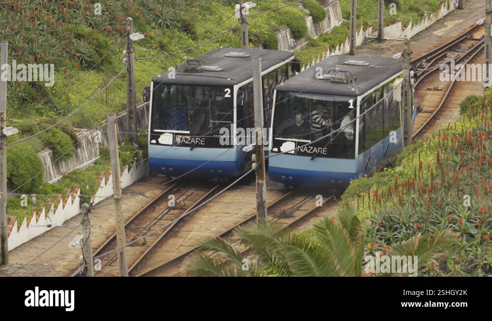 Driving funicular trains or cabins passing each other in Nazare ...