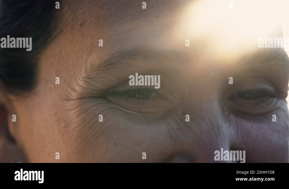 Extreme close up of a woman in her 40s eyes turning head to camera with ...