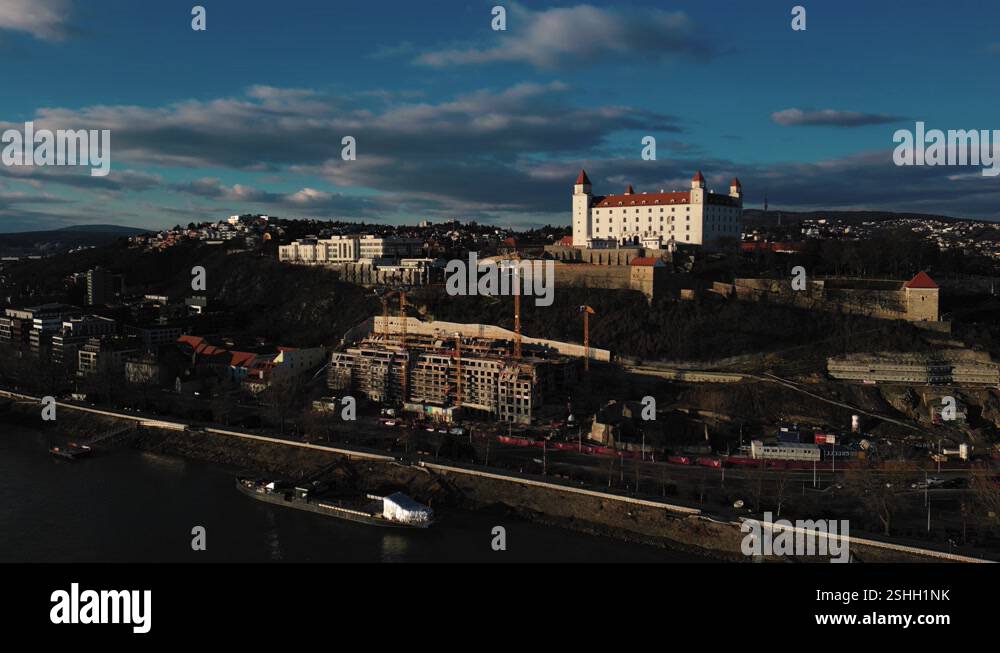 Bratislava Castle, stunning view of the landmark in the evening, drone ...