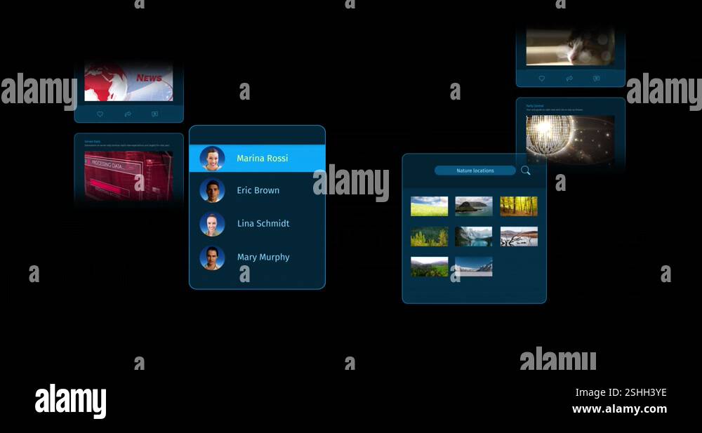 Animation of interface with social media posts and people profiles on ...
