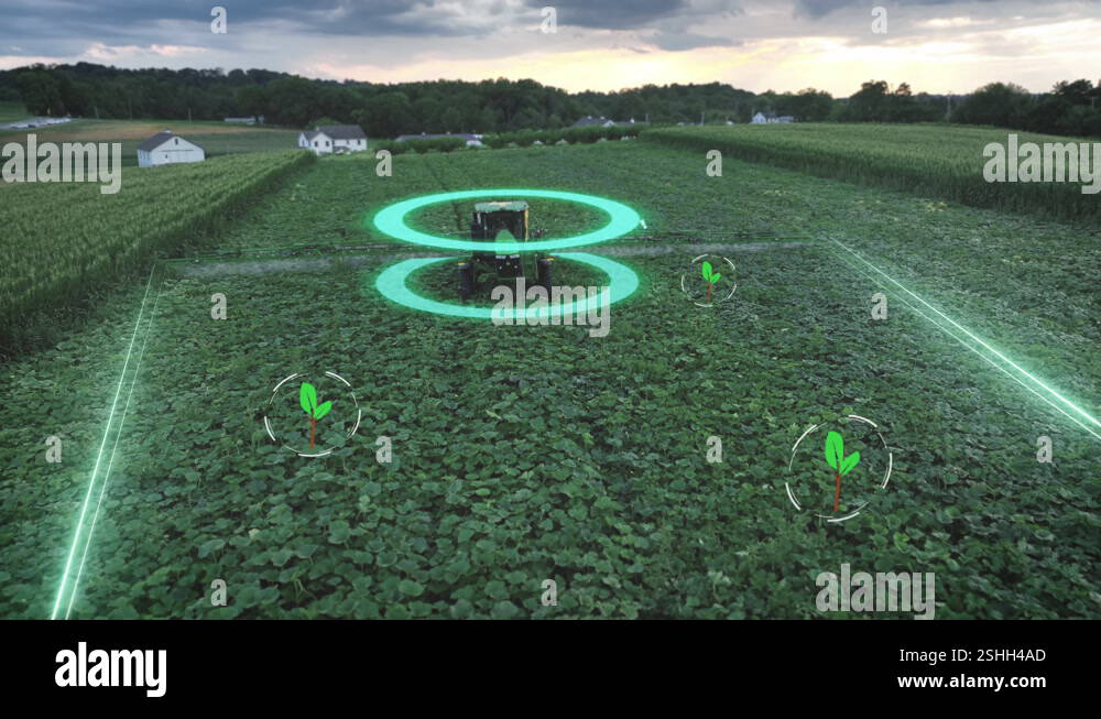 3D animated motion graphic of autonomous tractor self driving in field ...