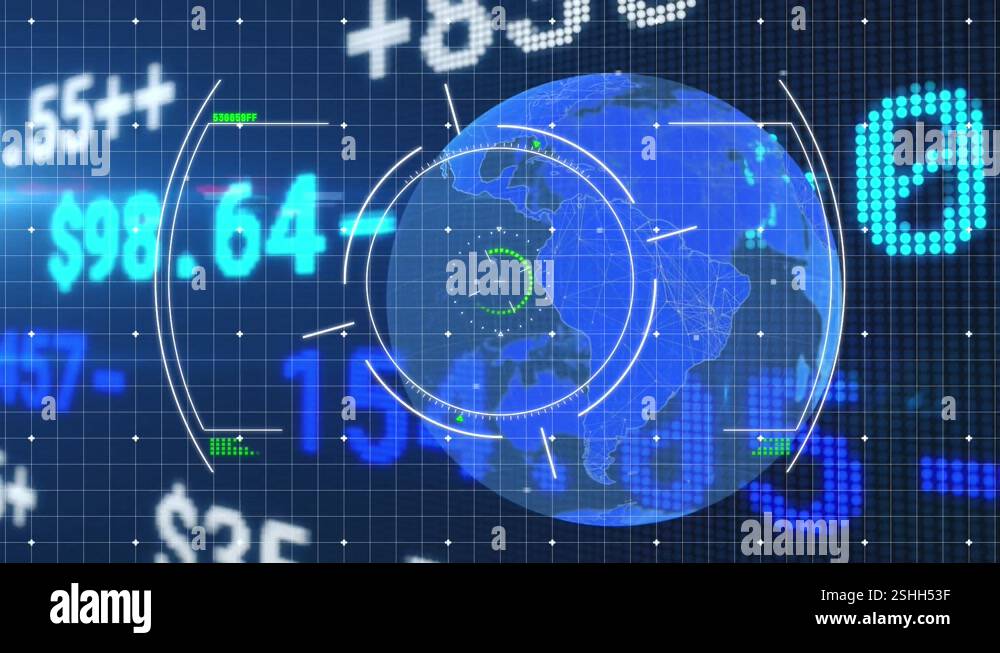 Animation of scope scanning and globe over data processing and stock market Stock Video Footage ...