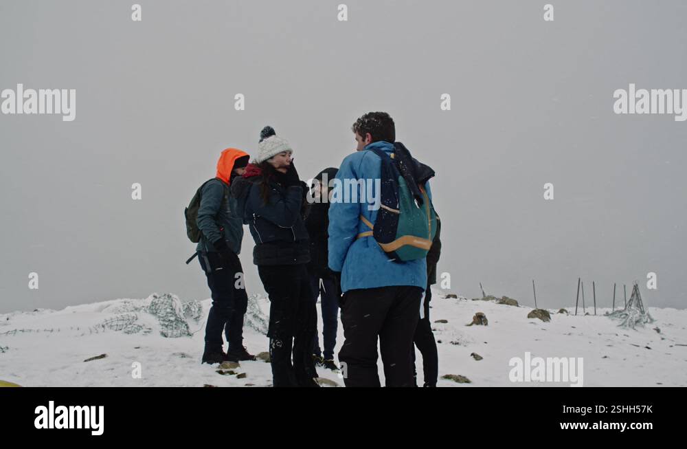 Group of excited friends on snow mountain peak during snowfall ...