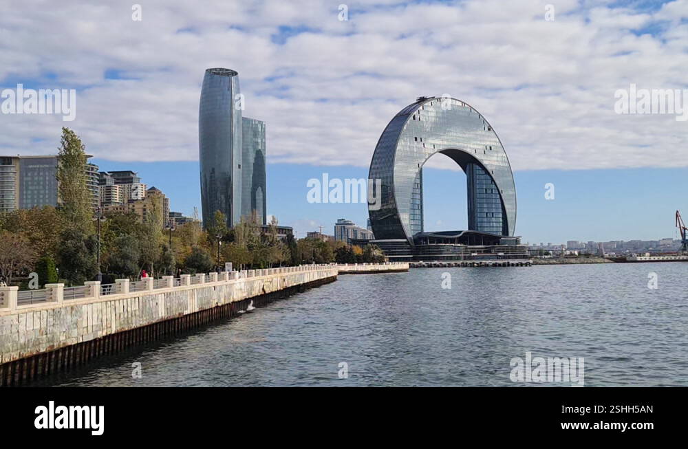 Baku Seaside, Azerbaijan, Crescent Bay Modern Buildings and Milli Park ...