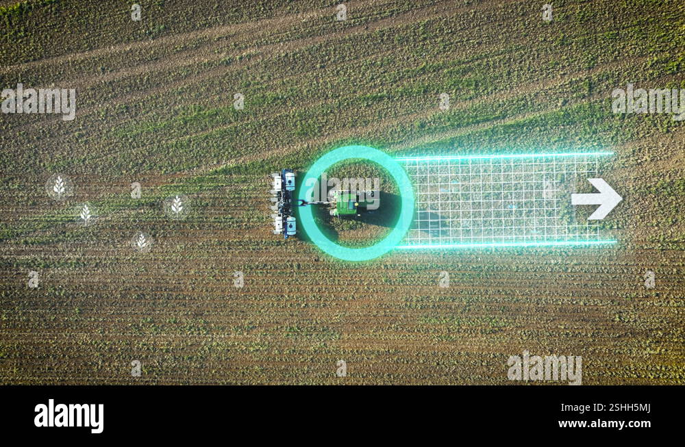 Top down aerial animation of autonomous self driving tractor planting ...