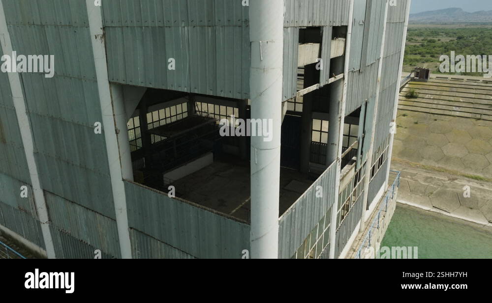 Control room of desolate abandoned tower, Dalis Mta reservoir, Georgia ...