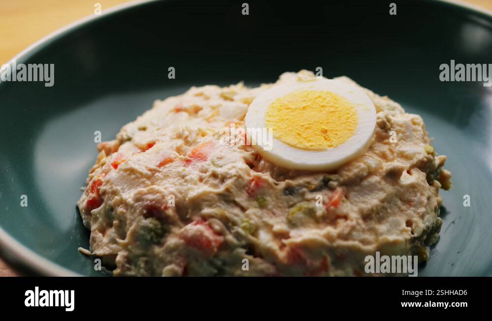 Spanish style tapas Russian salad, Olivier salad, restaurant kitchen in ...