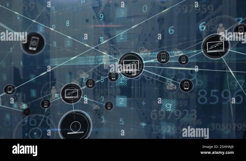 Animation of connected icons over multiple texts, symbols, letter and numbers Stock Video ...