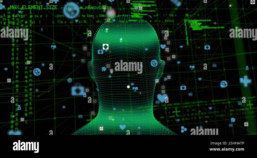 Animation of illuminating human face, connected icons and programming ...