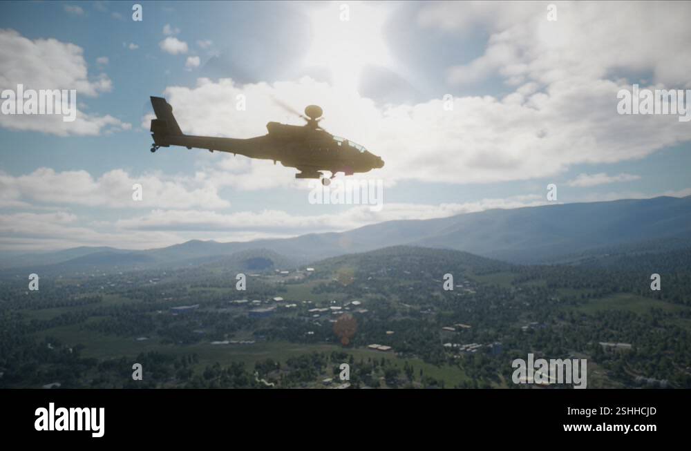 AH-64D Apache Longbow military attack helicopter flying at low altitude ...