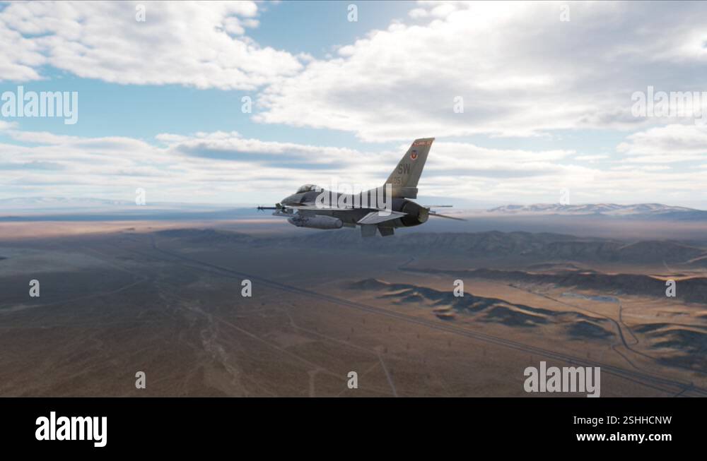 F-16 Falcon fighter jet flying over a desert landscape armed with bombs ...