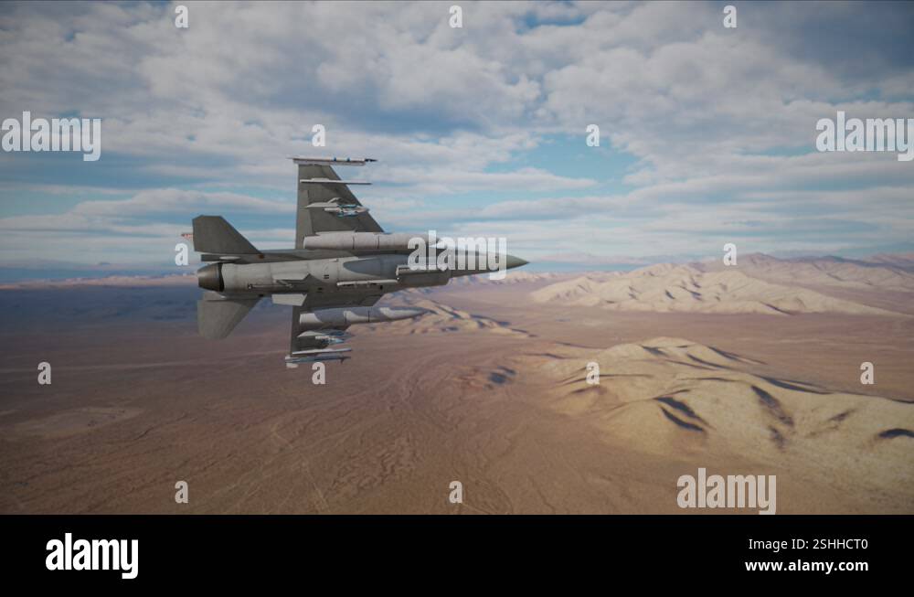 F-16 Falcon fighter jet flying over a desert landscape armed with bombs ...