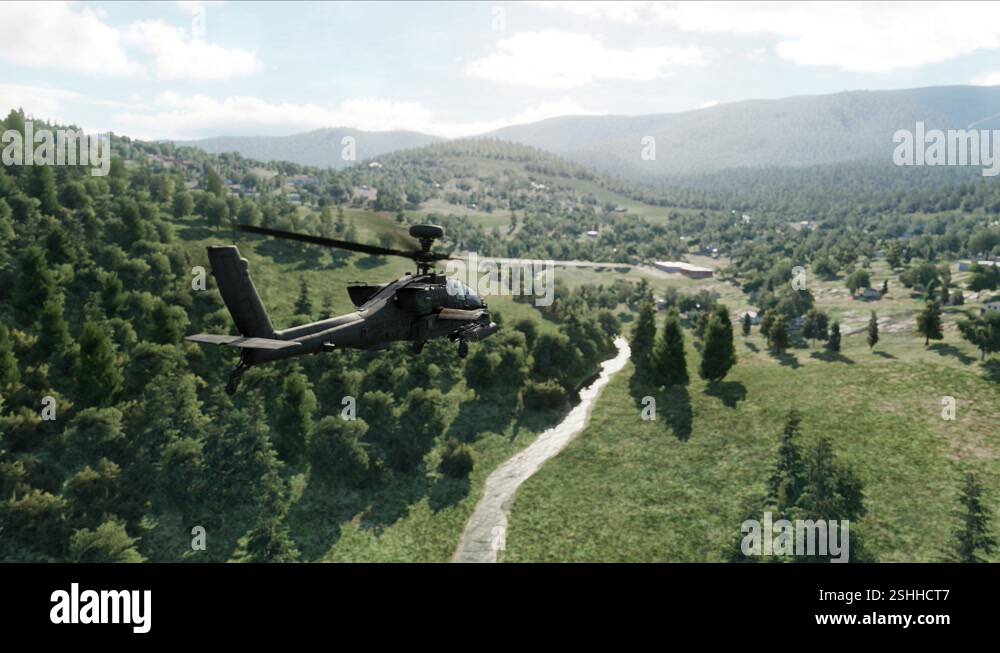 AH-64D Apache Longbow military attack helicopter flying at low altitude ...