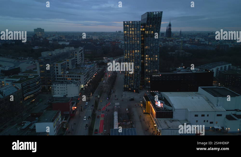 Famous Reeperbahn street and modern design Tanzende Turme high rise ...