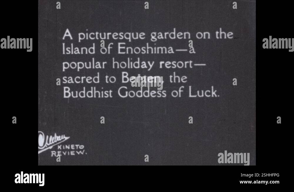 1920s: Intertitle. Bridge between islands, pan of people crossing ...