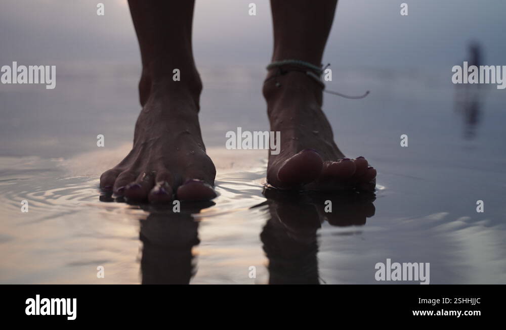 close up woman feet barefoot on beach at sunset leaving footprints in ...