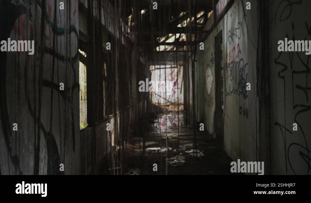 Horror concept, building interior motion. long scary abandoned corridor ...