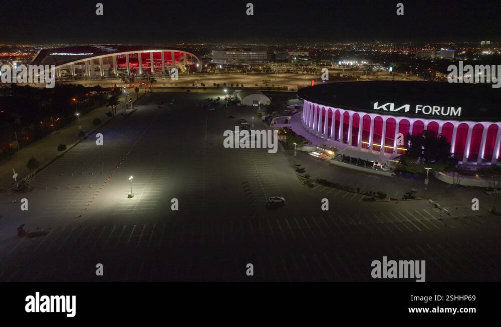 Aerial 4K night footage of Kia Forum and SoFi Stadium in Inglewood in ...