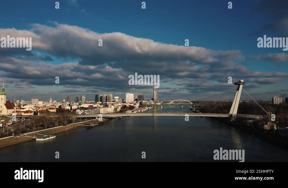 Drone footage of Most SNP, beautiful bridge over Danube River in ...