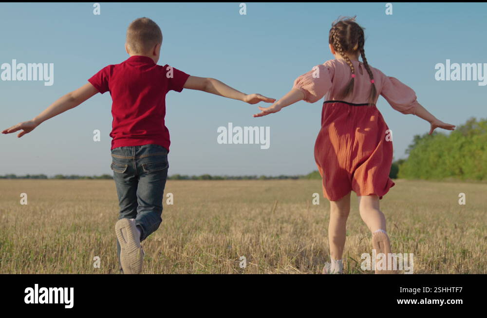 Kids fly, running. Children boy, girl play in park, Friends run ...