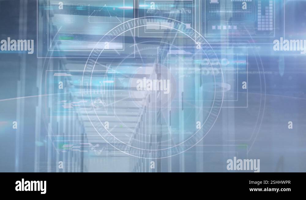 Animation of round scanner and screens with data processing against computer Stock Video Footage ...