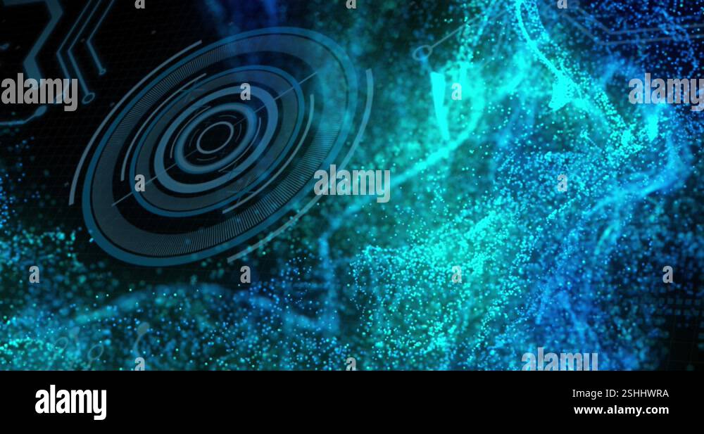 Animation of glowing blue digital wave over round scanner and ...