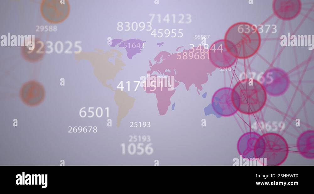 Animation of changing numbers and globes of digital icons over world ...