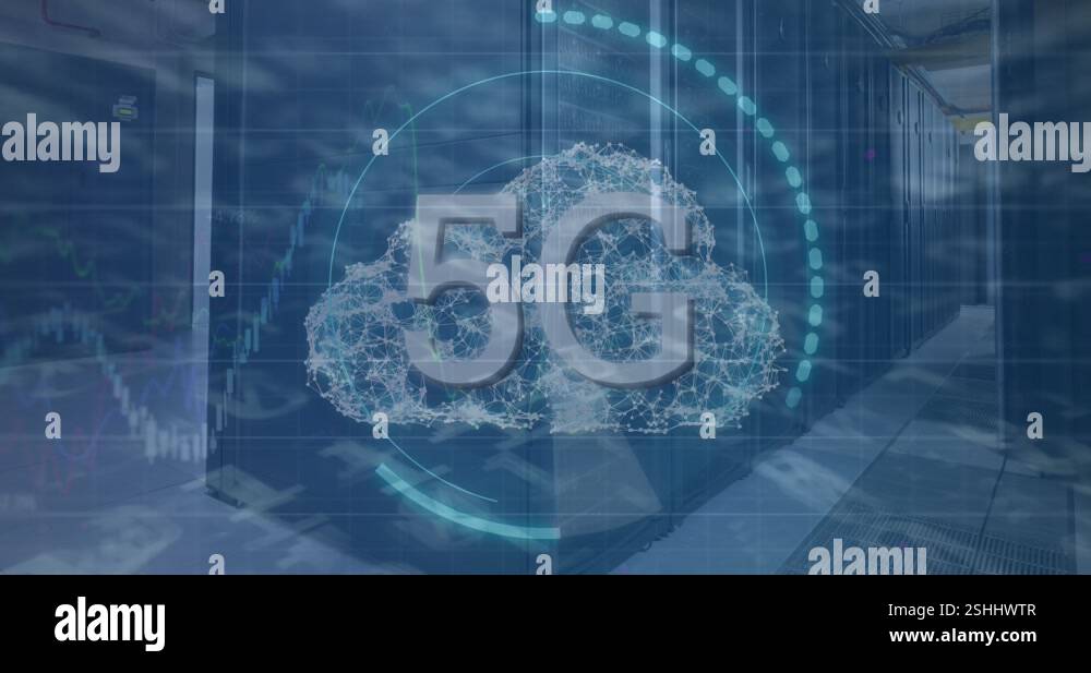 Animation of 5g text over round scanner and cloud icons against computer server Stock Video ...