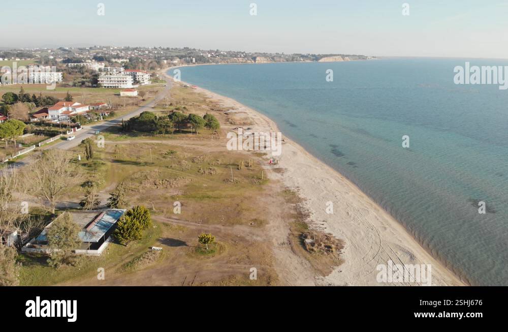 Aerial Drone shot over Coastline Angelochori Greece Summer Sunny Stock ...