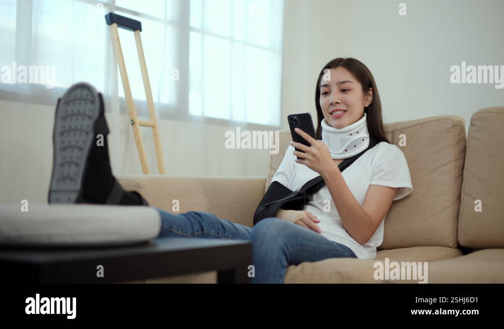 Woman recovery from accident fracture broken bone injury with leg splints Stock Video Footage ...