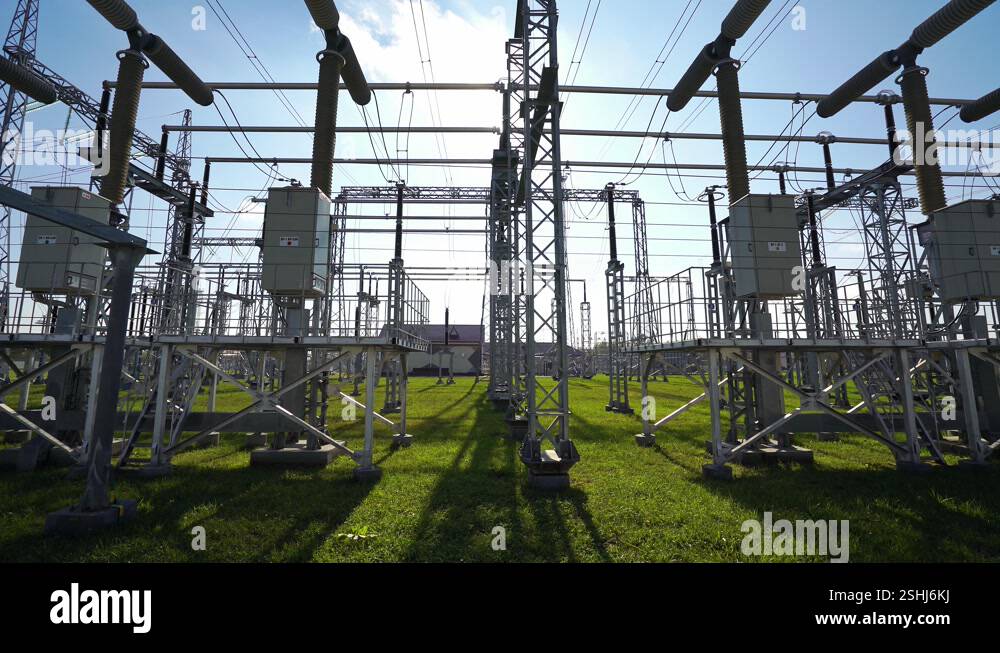 Power line industrial view, line of electric transmissions, view of the ...
