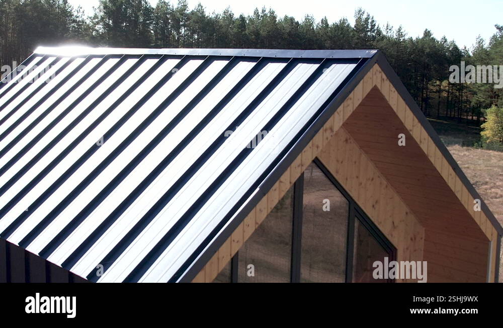 Exterior Of Modular Cabin House With Loft In Rural Landscape. aerial ...