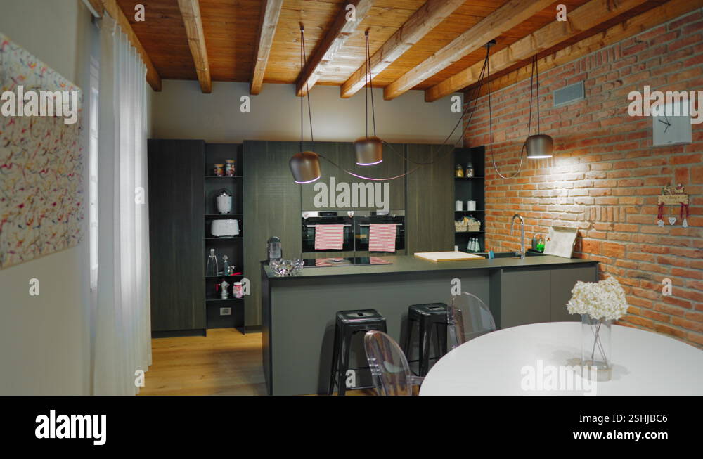 A modern kitchen in a renovated farmhouse with a rustic touch. Exposed Stock Video Footage - Alamy