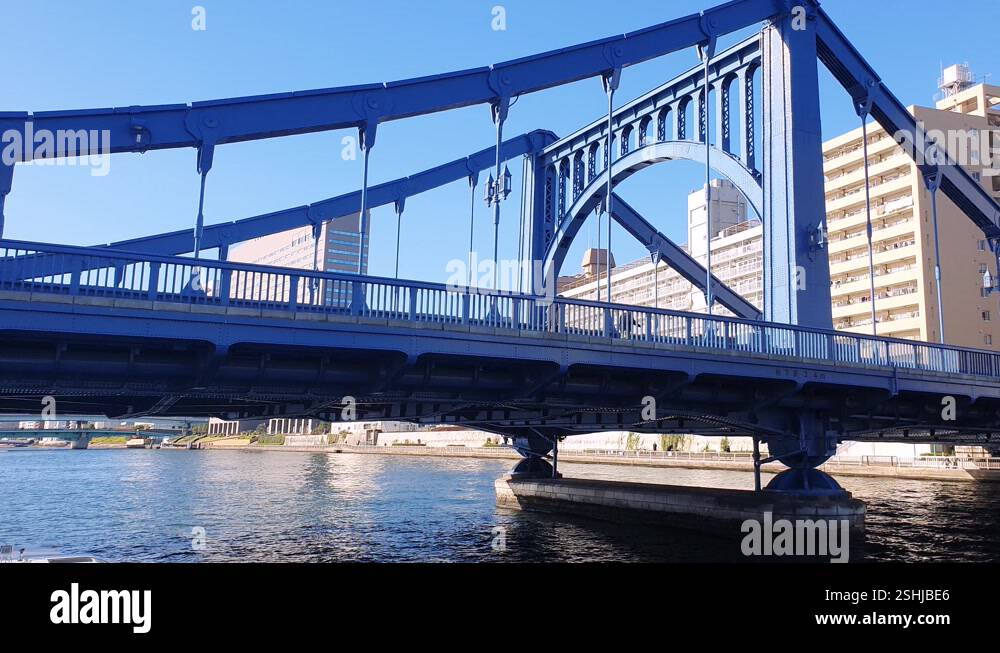 View from a ferry boat cruising on beautiful Sumida river trough ...