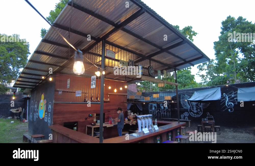 A dynamic shot towards the bistro while following the series of ...