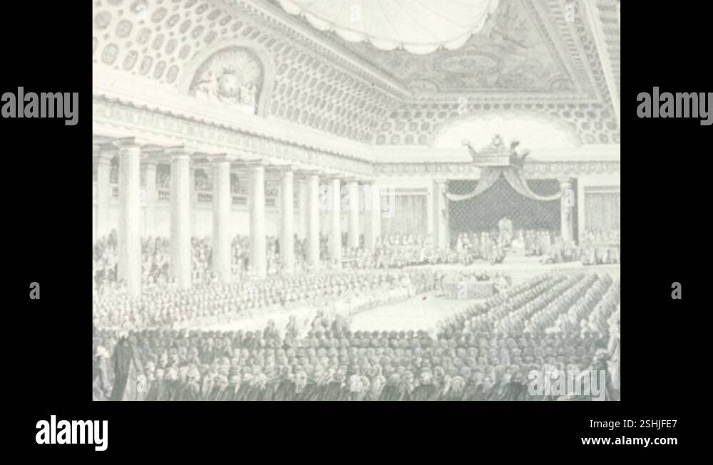 1790s: Illustration of meeting in throne room. Blade of guillotine ...