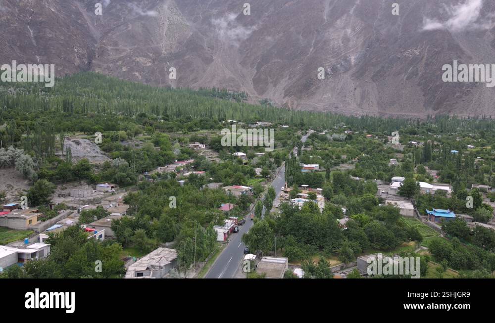 Aerial View of Village in Hunza Valley, Pakistan. Road Traffic, Homes ...