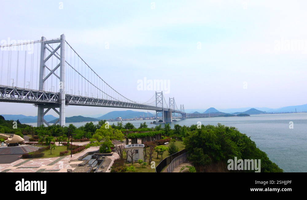 Pan of landscape of Seto inland sea with Great Seto Bridge in Kagawa ...