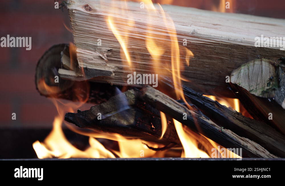 Men's Hands Throw Firewood Into The Burning Fire. 60 FPS, 4k, ProRes ...