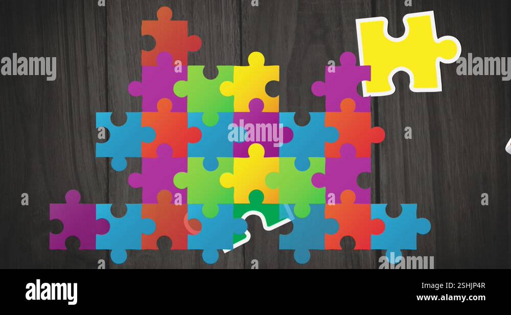 Animation of colorful puzzle pieces on wooden background Stock Video ...
