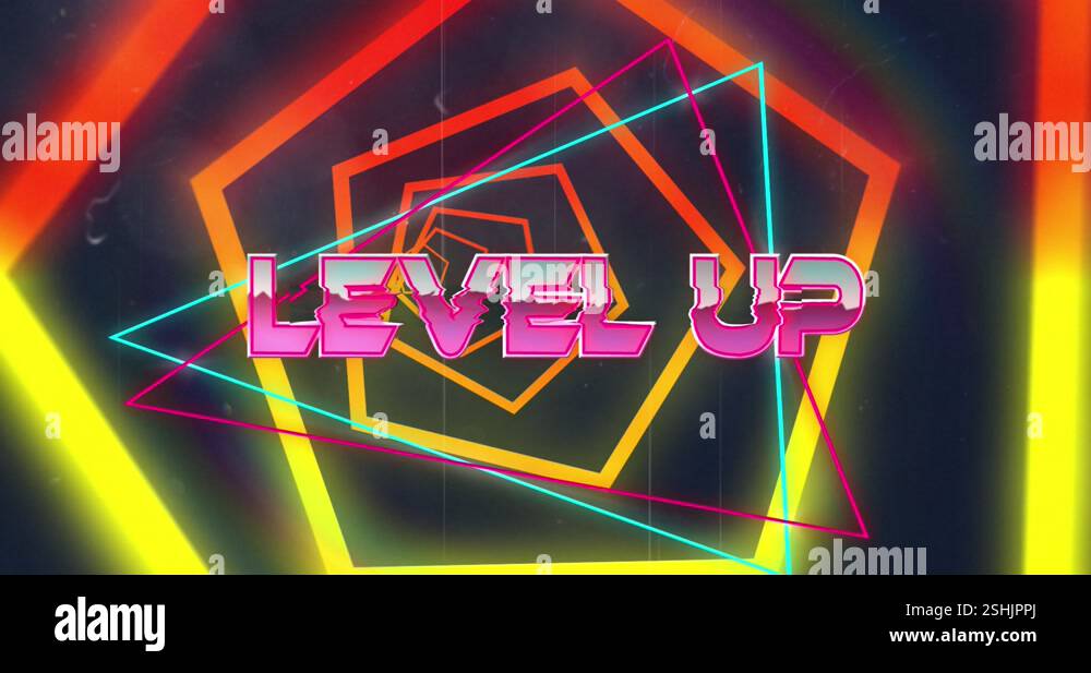 Animation of level up text over neon shapes on black background Stock Video Footage - Alamy