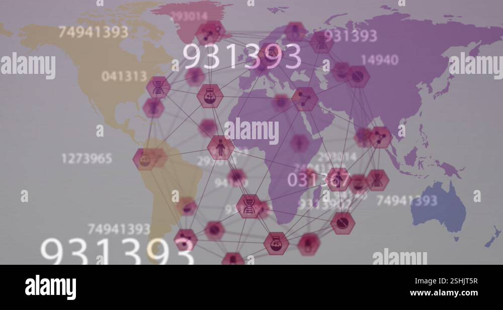 Animation of changing numbers and globe of digital icons spinning over ...