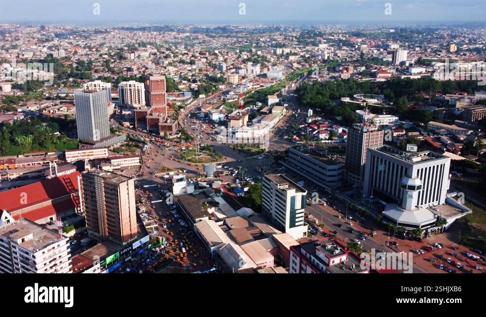 Aerial view of the busy N2 traffic circle in downtown Yaounde, Cameroon ...