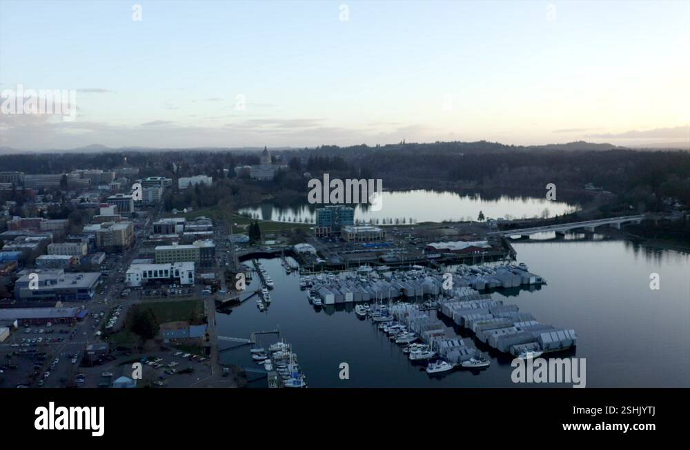 Drone of PNW capital city downtown with marina. PNW waterways. Olympia ...