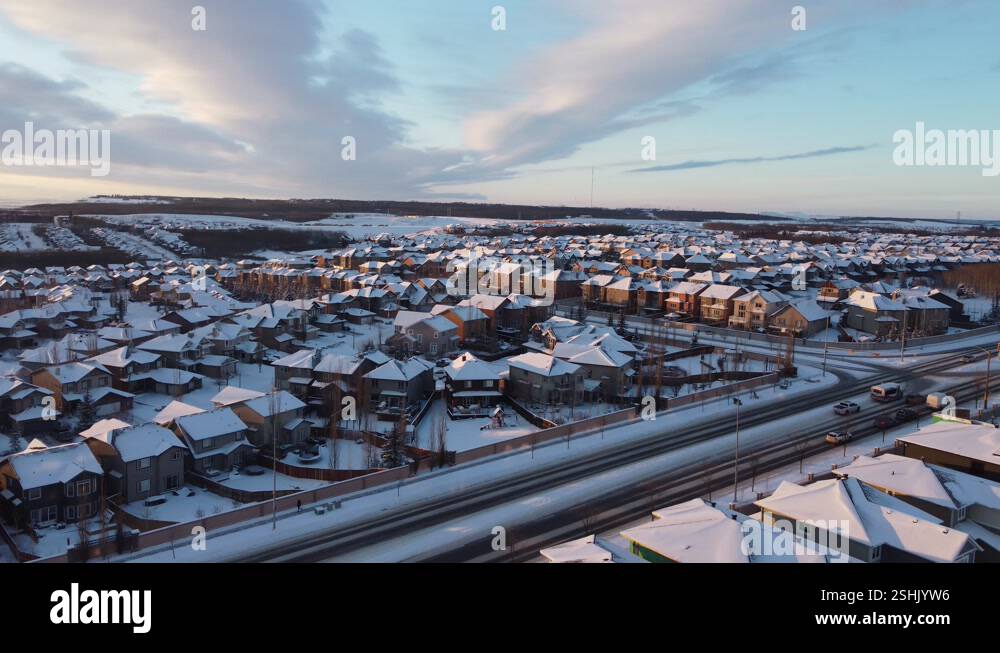 Aerial view of a suburban community at sunset in Calgary, Alberta in ...