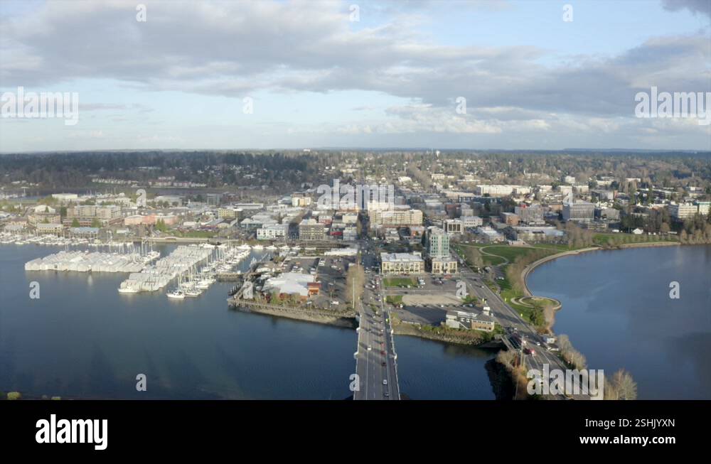 Drone of PNW capital city downtown with marina. PNW waterways. Olympia ...