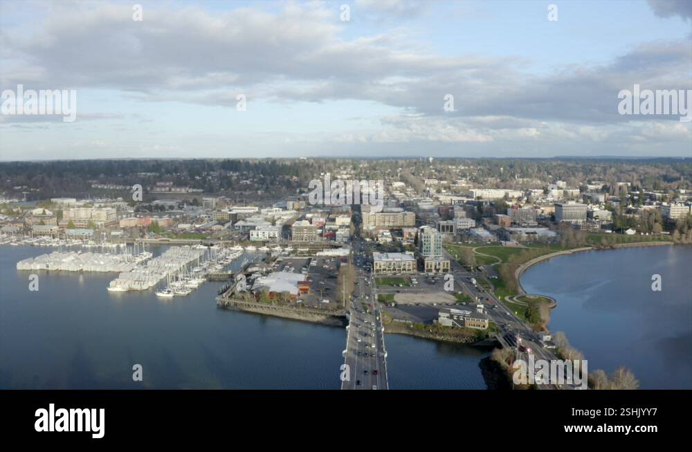 Drone of PNW capital city downtown with marina. PNW waterways. Olympia ...