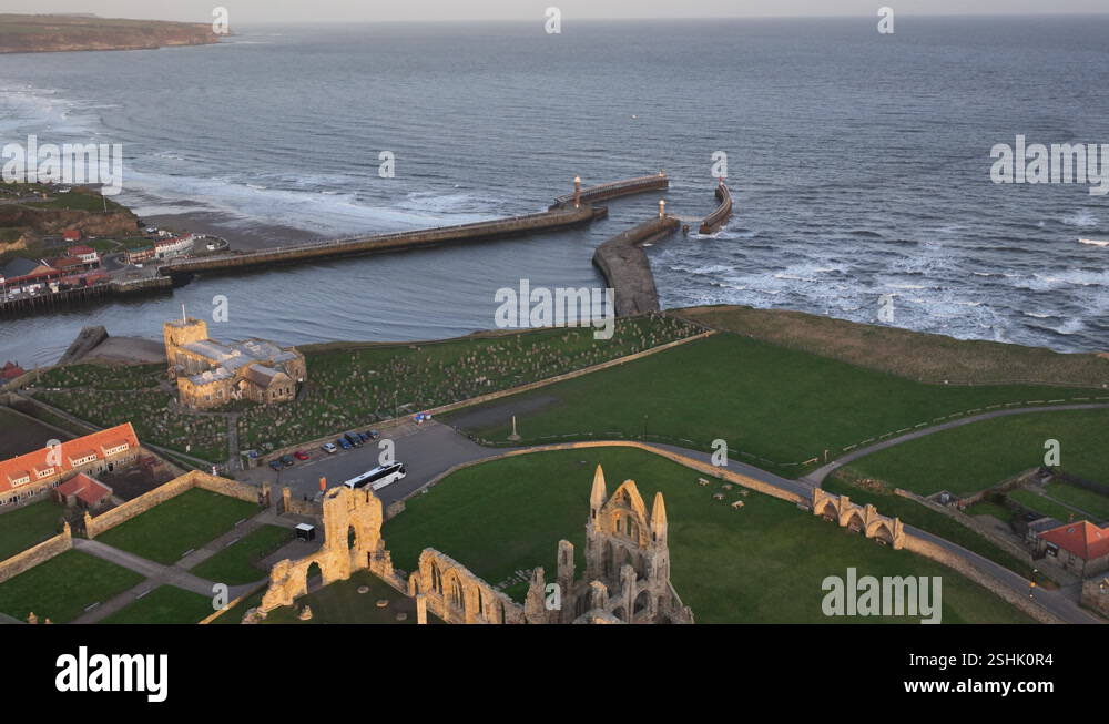 Whitby Abbey and Town, North Yorkshire. Early morning aerial drone ...