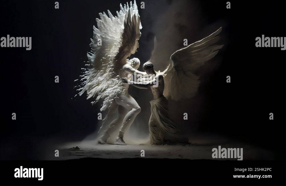 A fight against good versus evil. An angel is fighting a demon. 3D ...